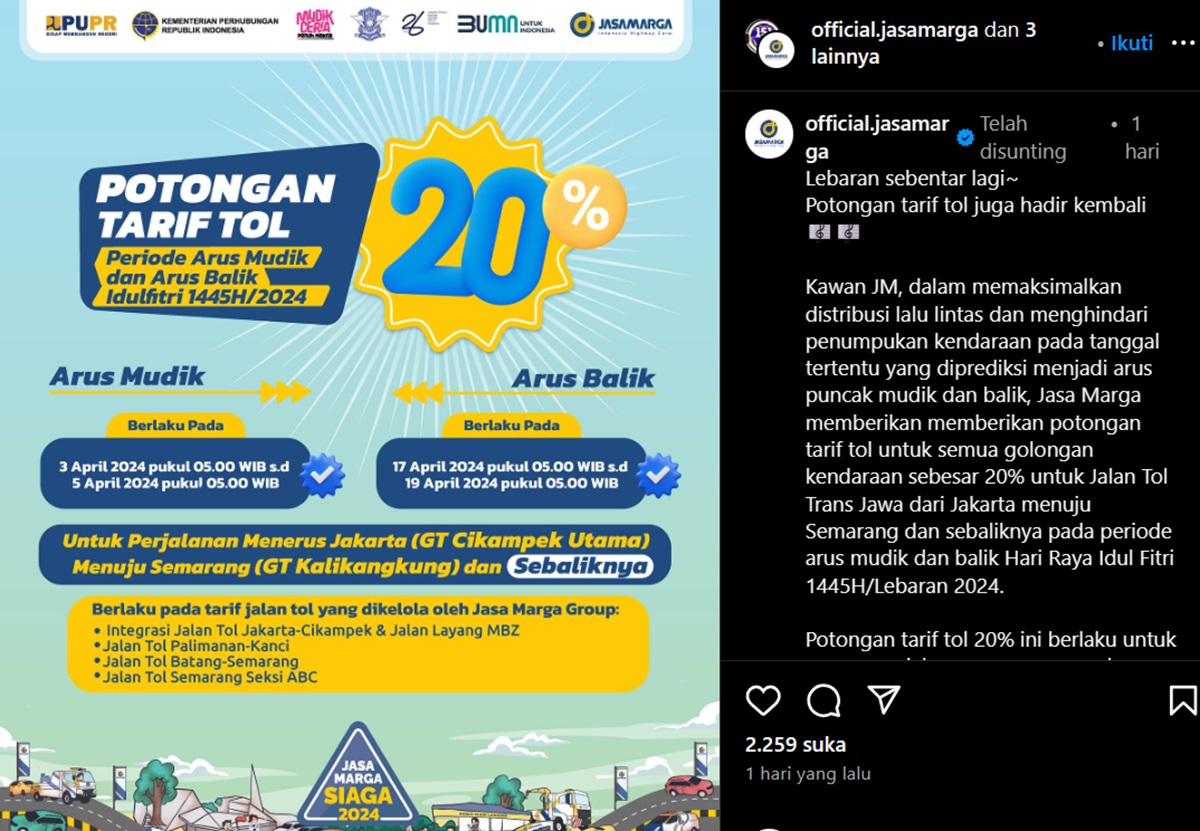 Diskon Tarif Tol 20 Persen Periode Mudik Lebaran 2024 Berlaku Hari Ini Rabu 3 April 2024 ...